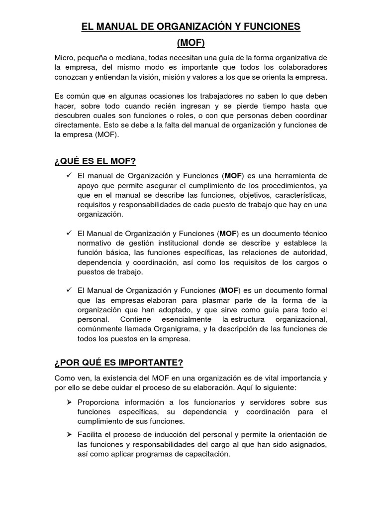 El Manual de Organización y Funciones (Mof) | PDF