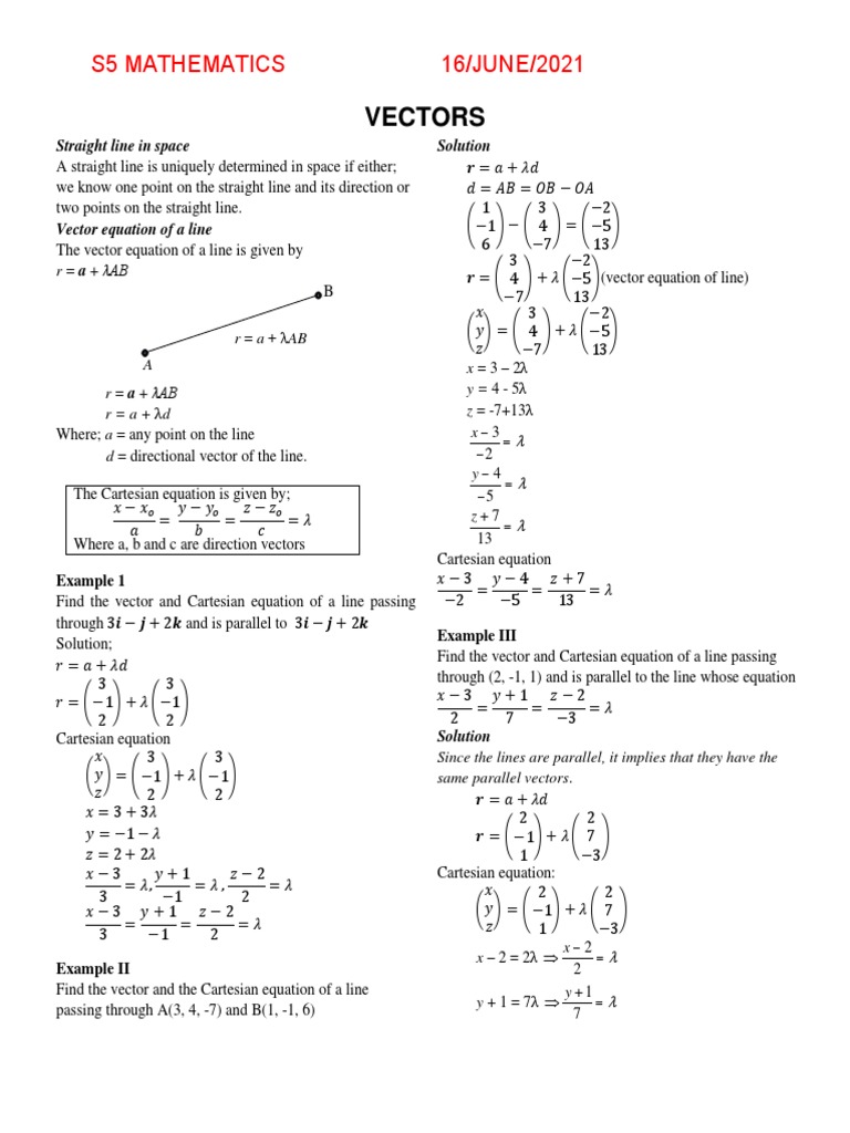 Vector and Cartesian Equations of Lines | PDF