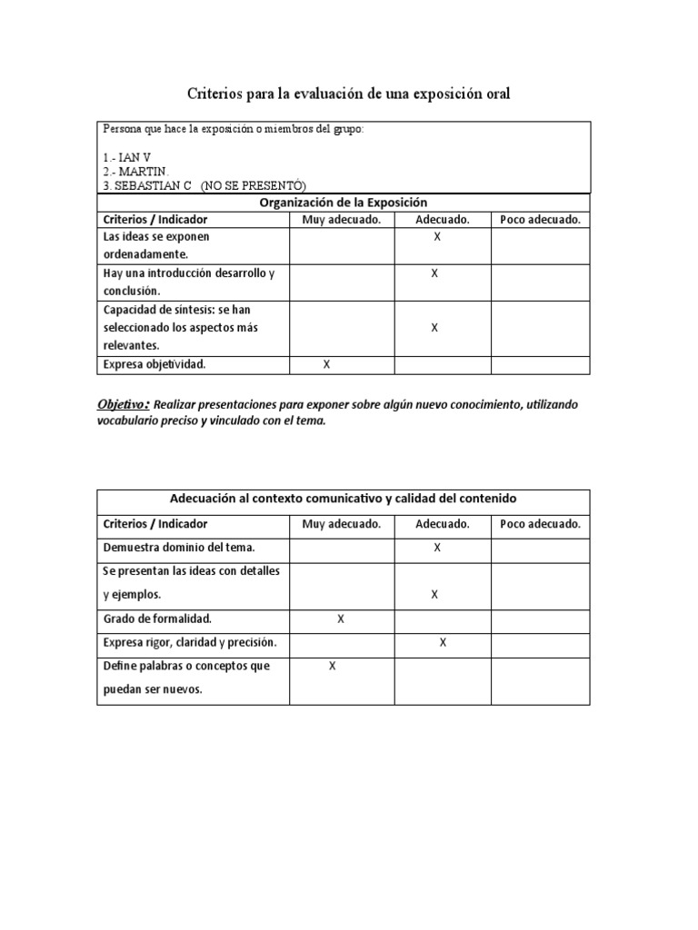 Criterios para La Evaluación de Una Exposición Oral 8 | PDF | Evaluación | Objetividad (filosofía)