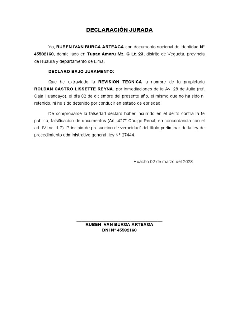 Declaración Jurada Perdida de Revision Tecnica | PDF