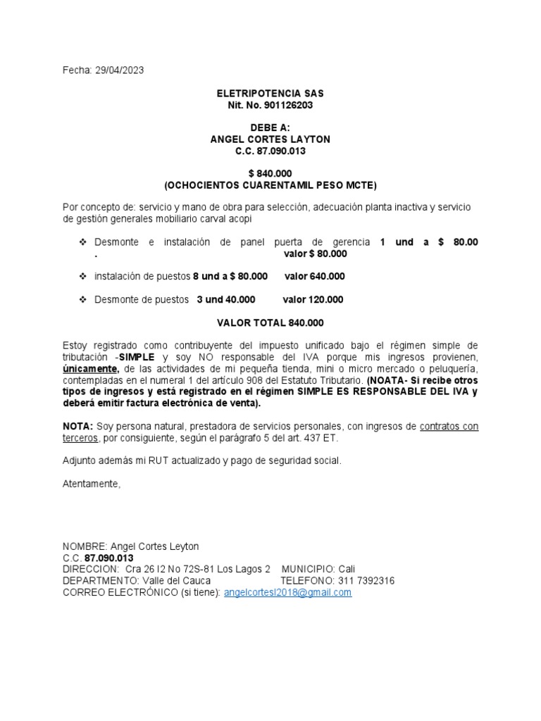 Modelo - Cuenta de Cobro-No Responsable Iva | PDF