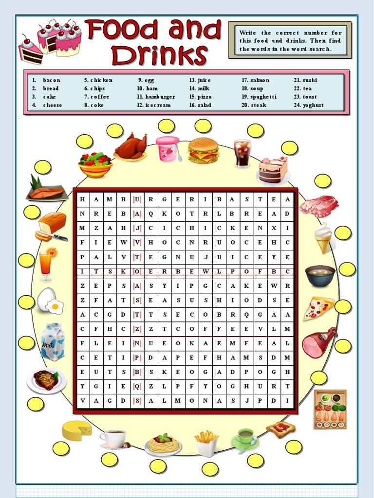 Food and Drinks Wordsearch Crosswords Fun Activities Games Picture ...