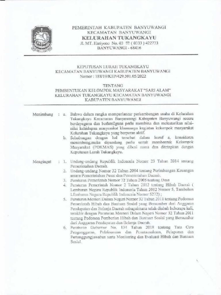 SK Lurah Pokmas Sari Alam | PDF