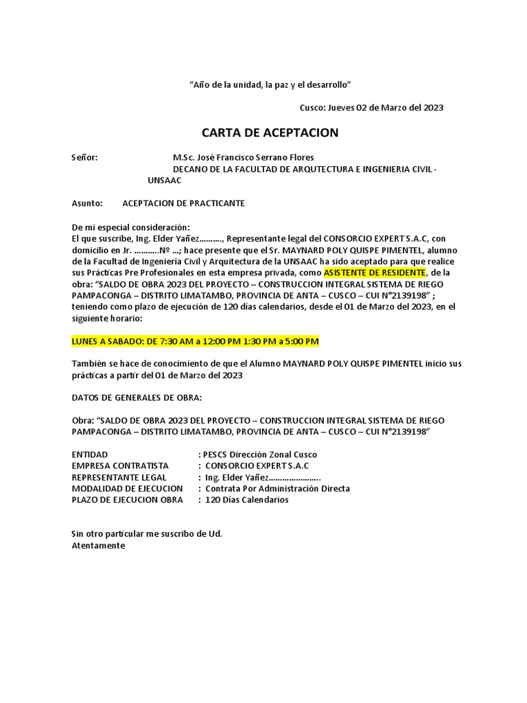 PDF Carta de Aceptacion Para Practicas Profesionales | PDF