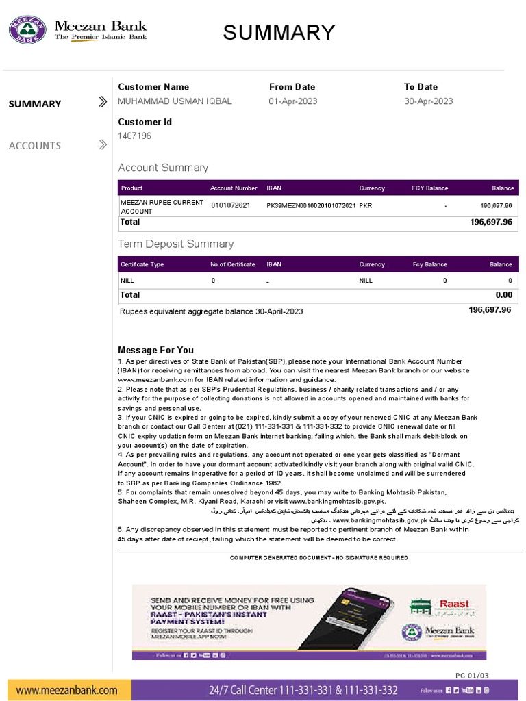 Meezan Bank Statement-Unlocked | PDF | Debit Card | Cash