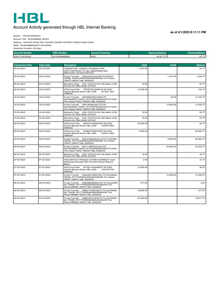 HBL Internet Banking account activity statement | PDF | Automated ...