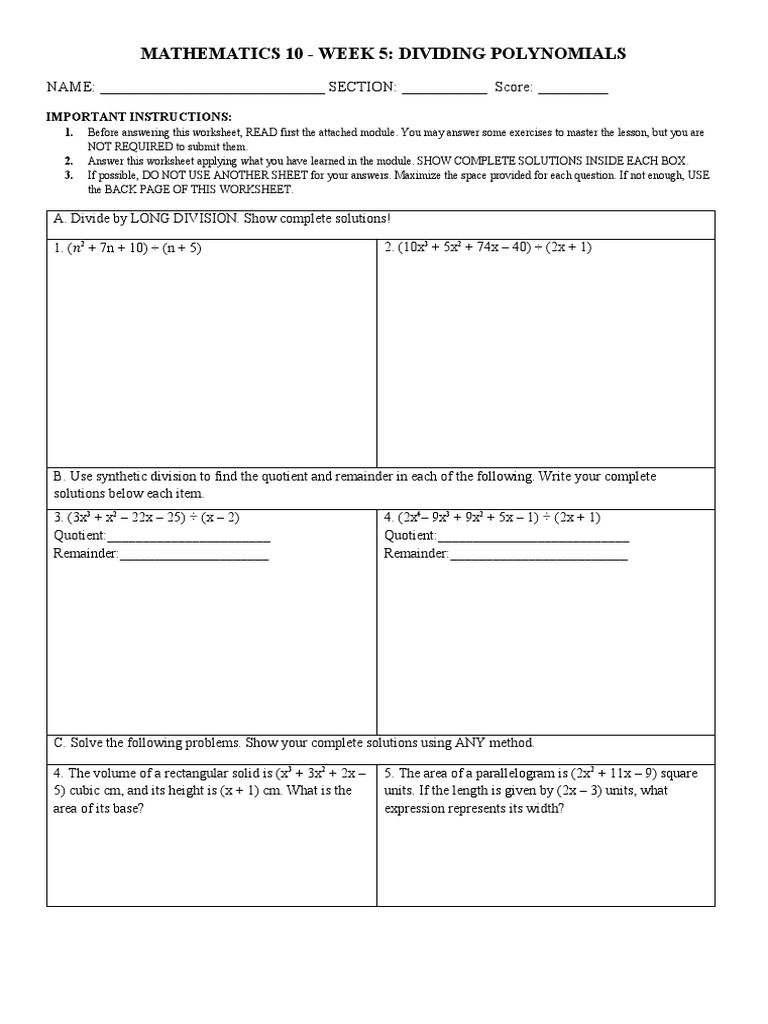 M10wk5-Dividing Polynomials | PDF