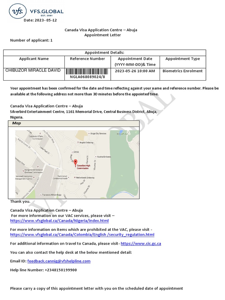 Appointment For Canada Vfs Chibuzor Miracle David | PDF