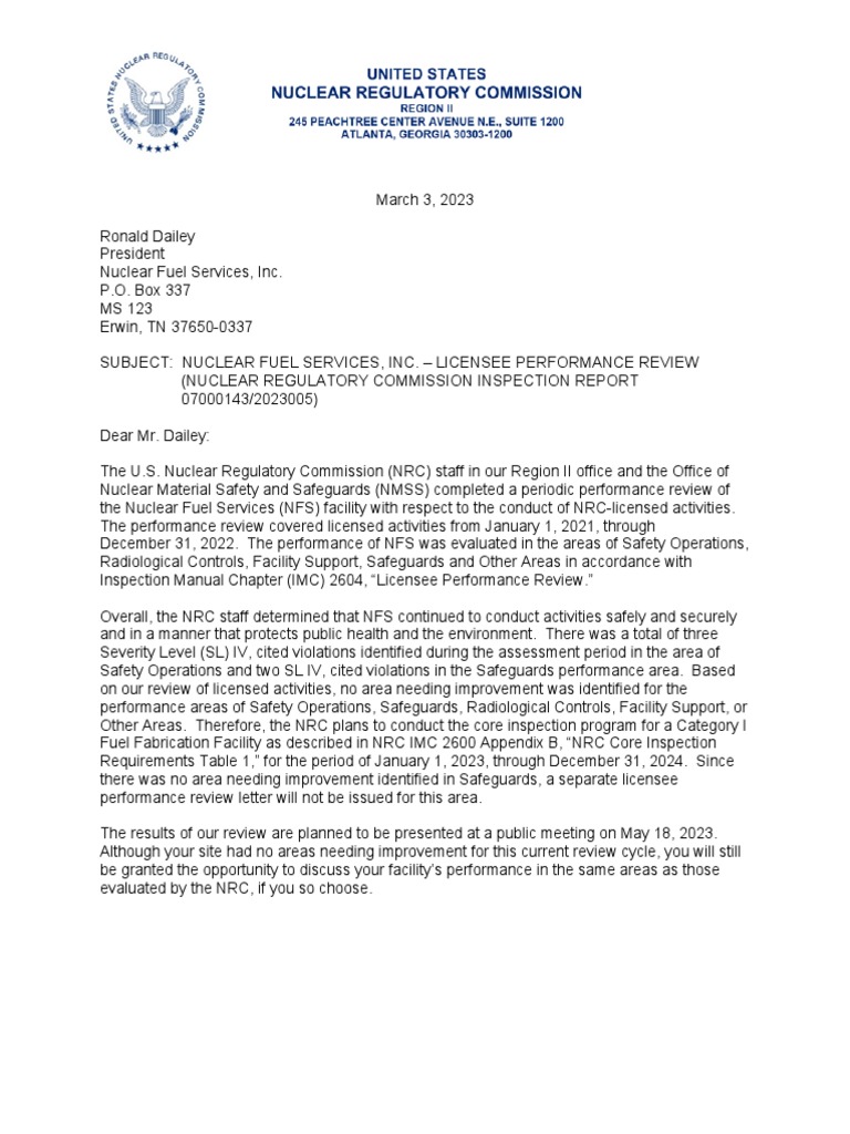 NRC Letter To NFS | PDF