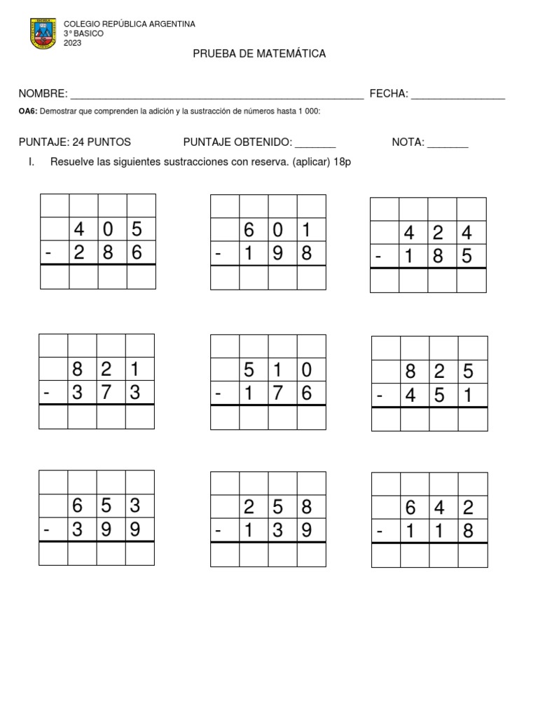 Prueba de Matemática Sustracciones Con Reserva | PDF