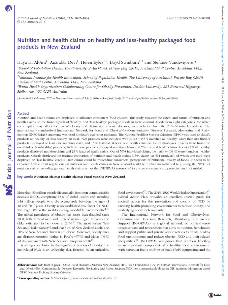 Nutrition and Health Claims On Healthy and Less Healthy Packaged Food ...