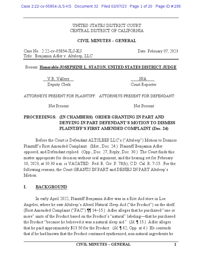 Adler V Altsleep Order On Motion To Dismiss | PDF | Federal Rules Of ...