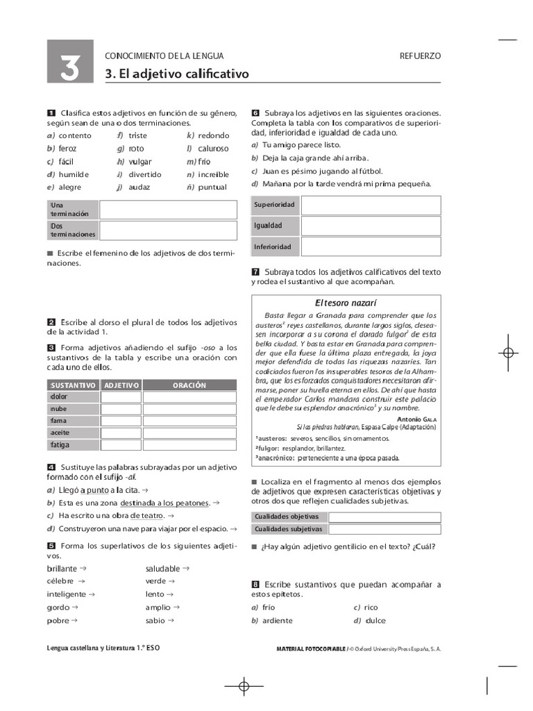 1º ESO. Los Adjetivos Calificativo | PDF