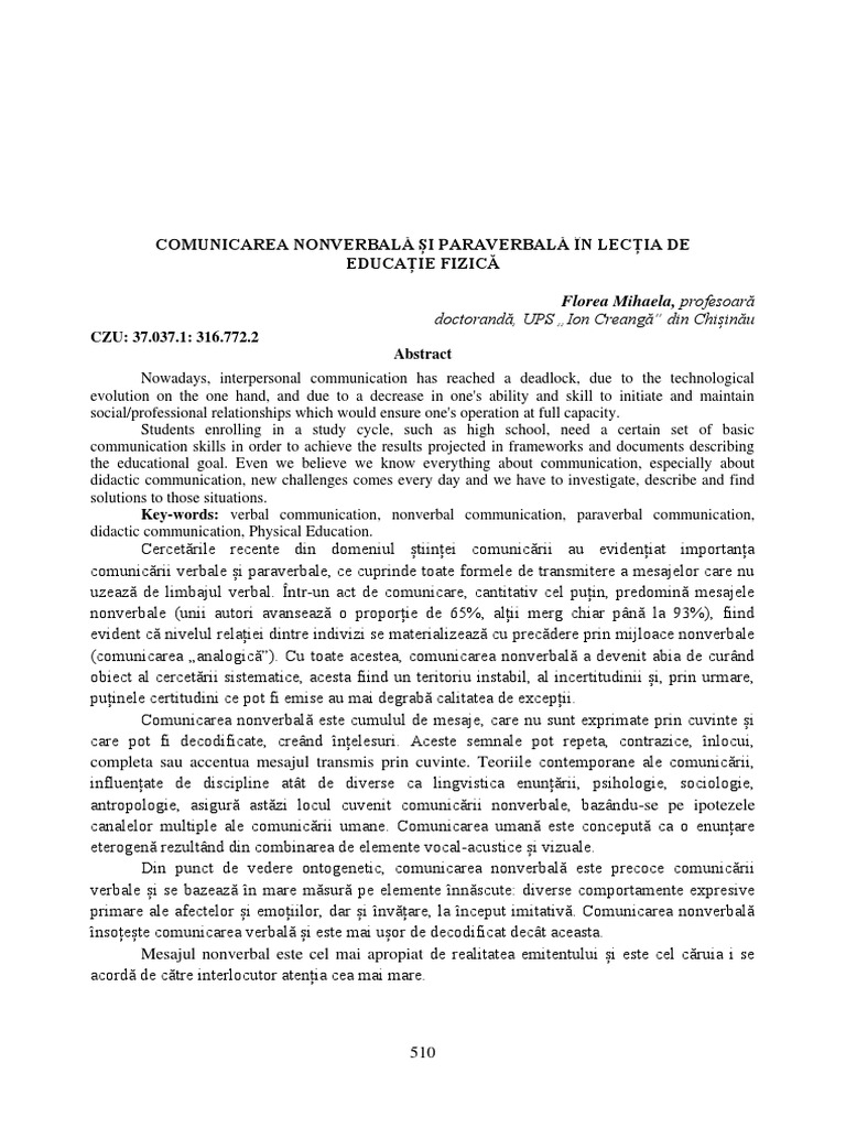 Comunicarea Nonverbală Și Paraverbală În Lecția de Educație Fizică | PDF | Communication | Cognition