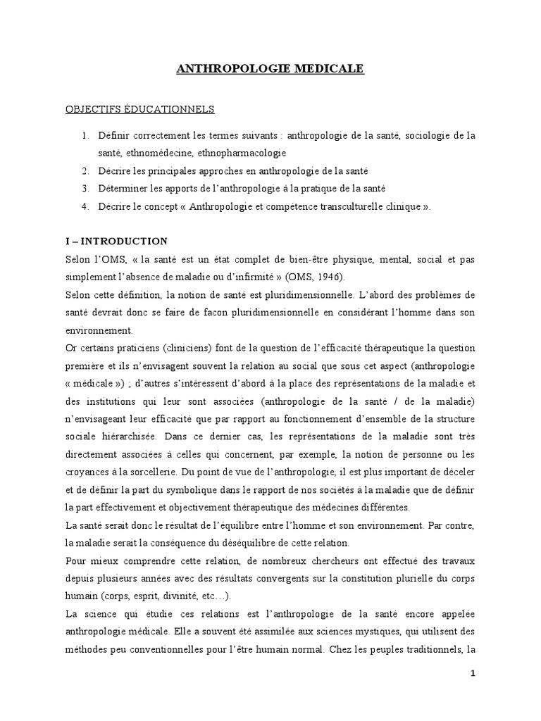 COURS D'ANTHROPOLOGIE MEDICALE - Masters FMSP | PDF