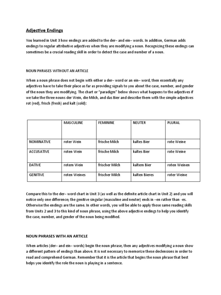 Adjective Endings German | PDF