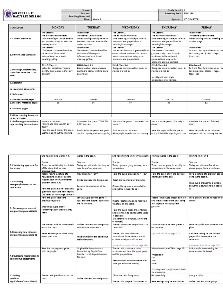 Grade 1 DLL English Q4 Week 3 | PDF | Word | English Language