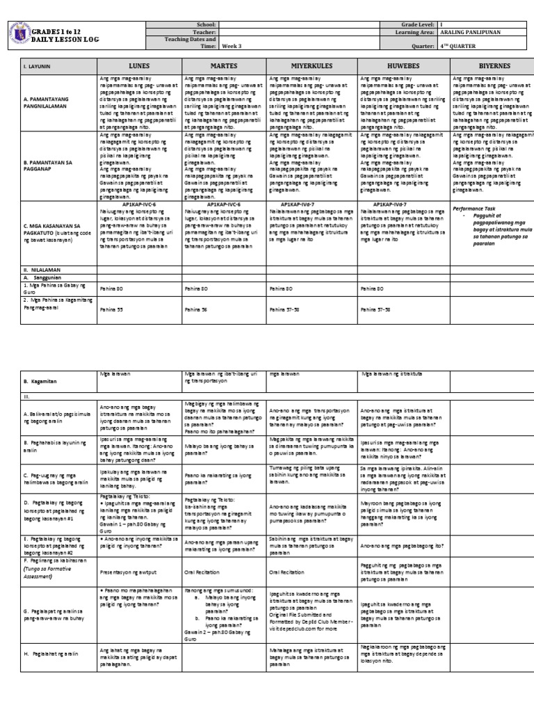 Grade 1 DLL Araling Panlipunan Q4 Week 3 | PDF