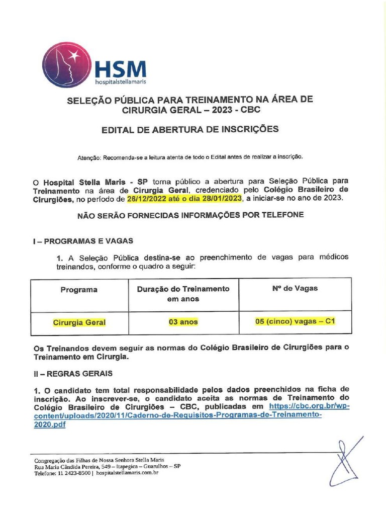 EDITAL CBC 2023 Hospital Stella Maris | PDF