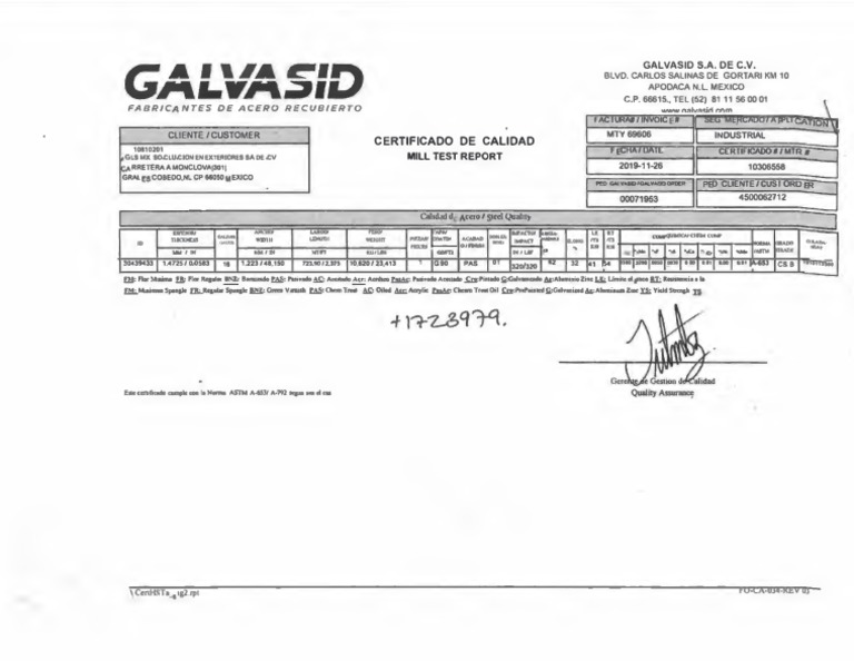 Certificado de Calidad Mill Test Report | PDF