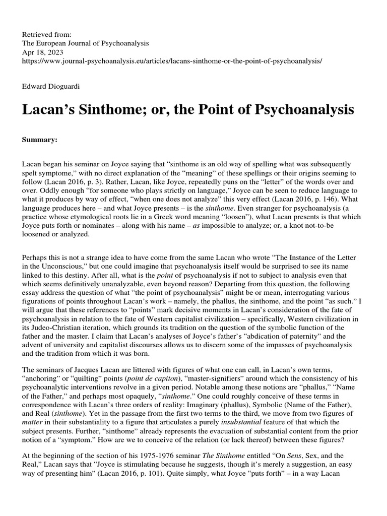 Lacans Sinthome or The Point of Psychoanalysis | PDF | Jacques Lacan
