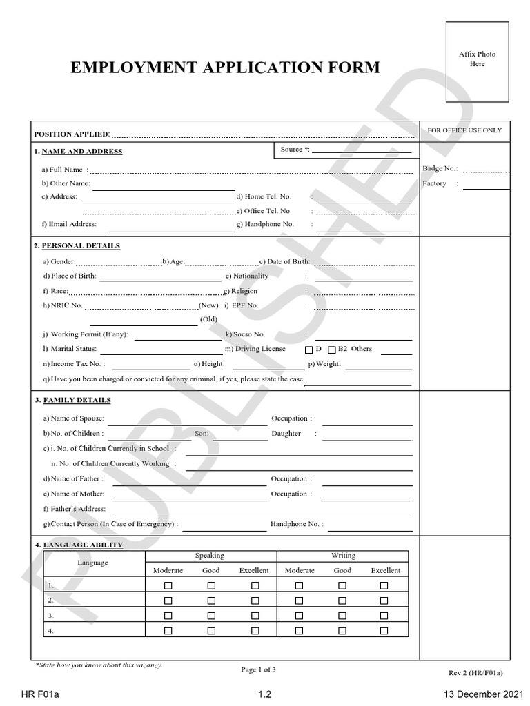 HR F01a Employment Application Form (English) 1.2 Published | PDF
