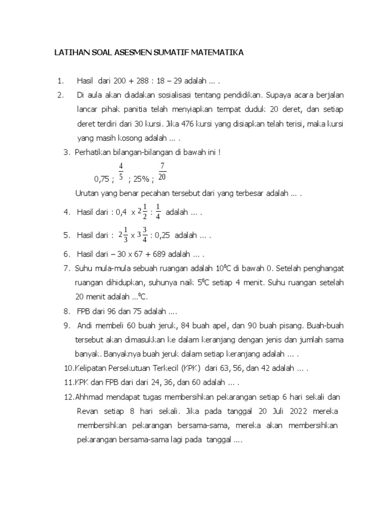 Latihan Soal Asesmen Sumatif MTK TP 2022-2023 | PDF | Metode & Bahan Ajar | Seni
