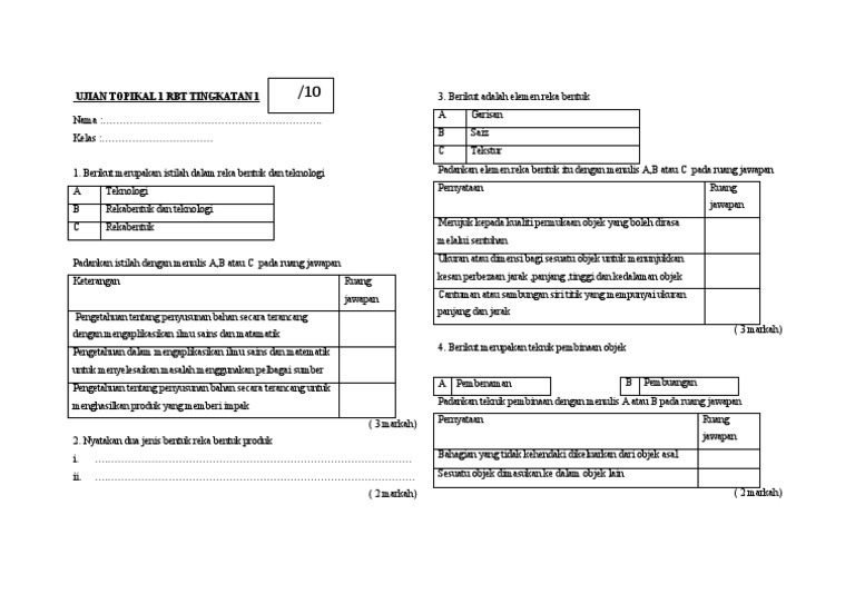 Ujian Topikal 1 RBT Tingkatan 1 | PDF