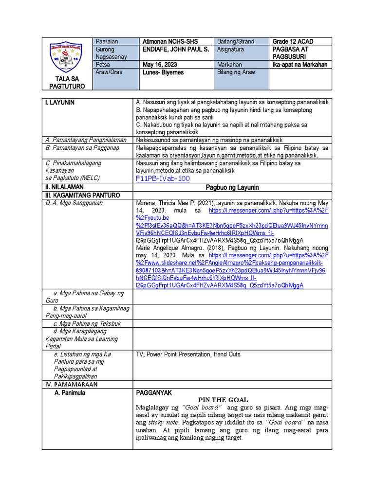 STEM12 LP 03 Pagbuo NG Layunin | PDF