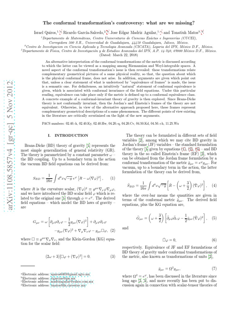 The Conformal Transformation's Controversy What Are We Missing | PDF ...