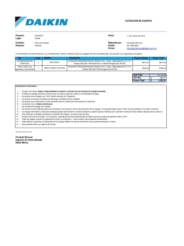 Cotización Aire Acondicionado Daikin | PDF