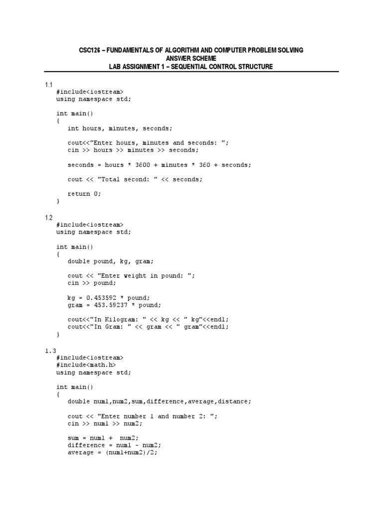 Lab Assignment 1 - Sequential Control Structure - ANSWER SCHEME | PDF | Namespace | Computing