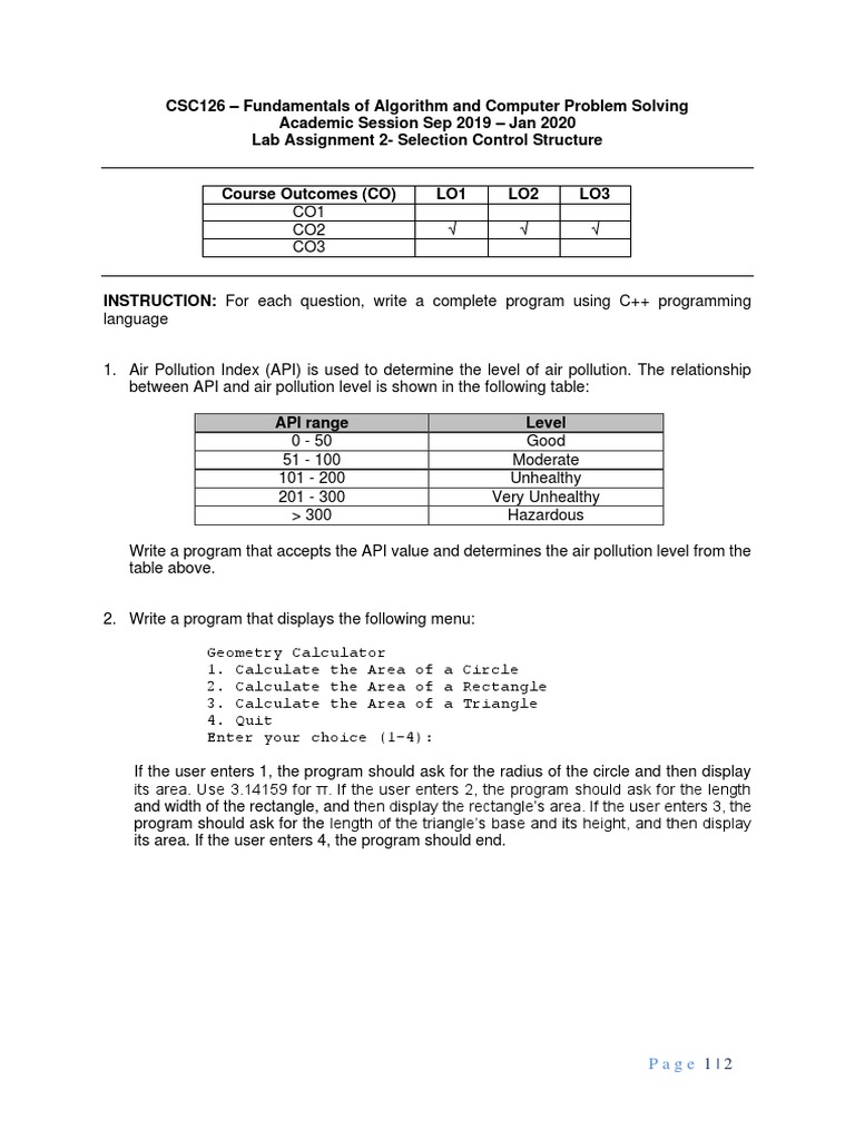 Lab Assignment 2 Selection Control Structure Sep2019 Jan2020 Pdf Area Computing