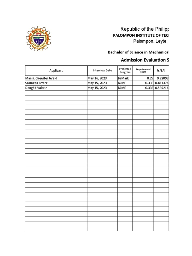 Admission Evaluation Sheet | PDF