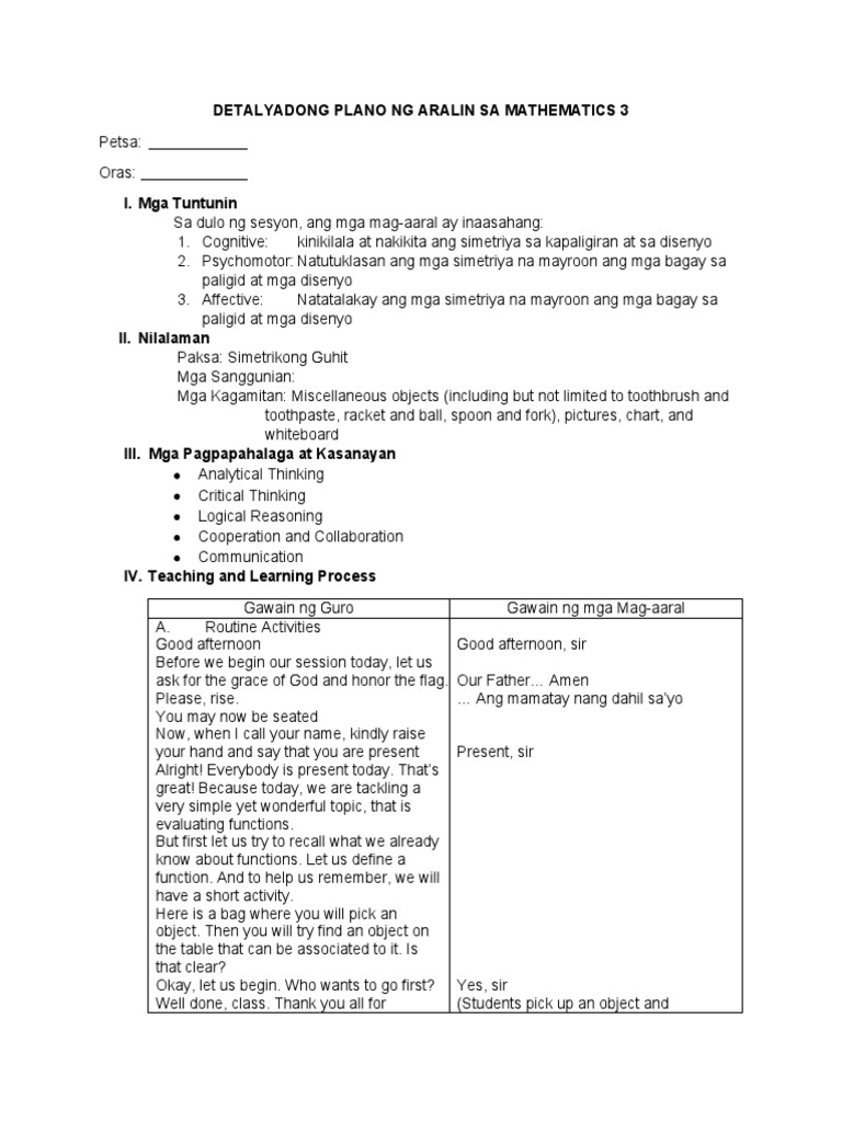 Detailed Lesson Plan Sa Mathematics 3 | PDF