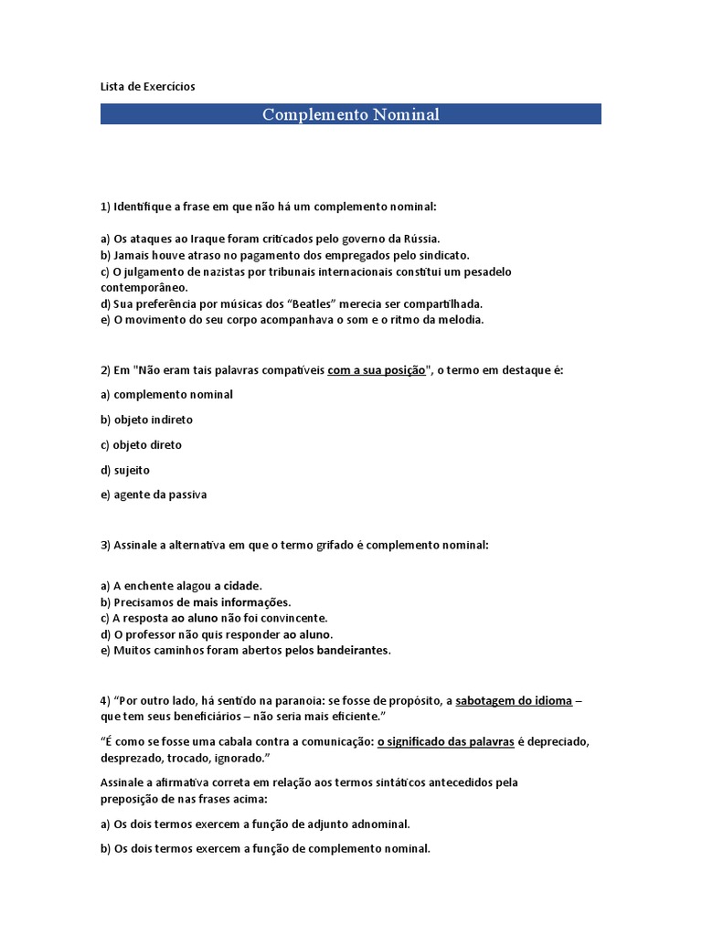 Lista de Exercícios complemento nominal | PDF