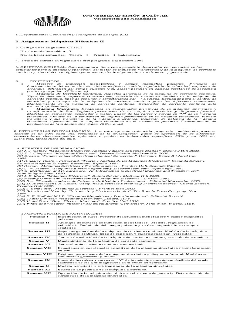CT1512 Programa CTE Maquinas Electricas II | PDF | Generador eléctrico | Corriente eléctrica