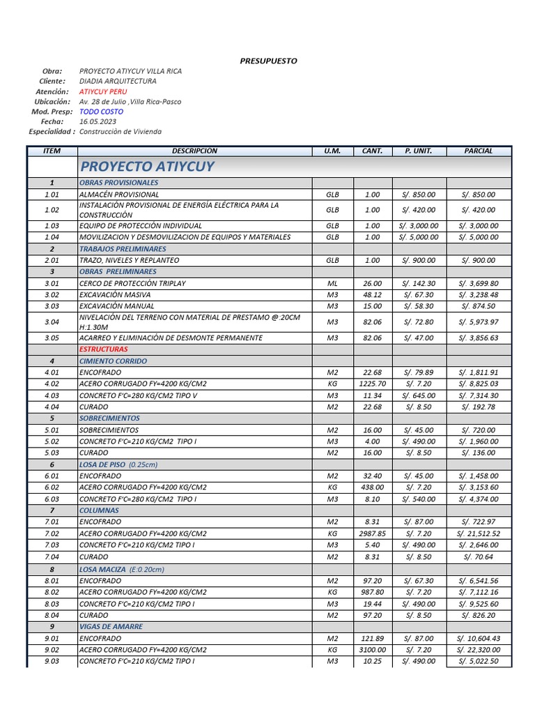 Presupuesto Aticuy | PDF | Inicio | Ingeniero civil