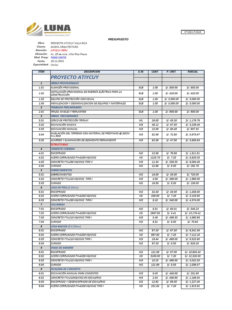 Ppto Proyecto Aticuy Villa Rica-Mod | PDF | Presupuesto | Construyendo tecnología