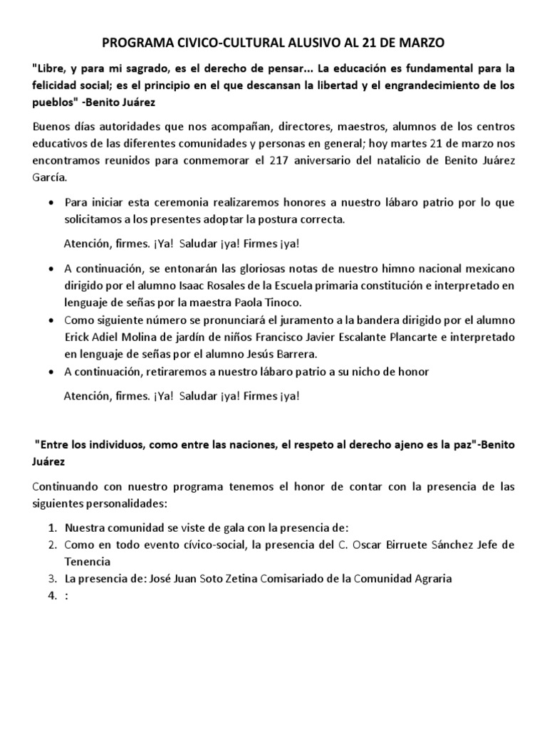 Programa Civico Cultural Alusivo Al 21 de Marzo | PDF | Ciencias sociales | Viajes y turismo