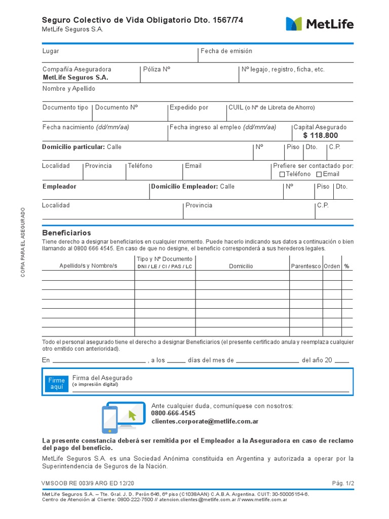 Formulario Seguro Colectivo Vida MetLife | PDF | Seguro | Privacidad de ...