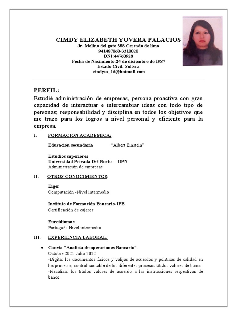 CVCINDYYOVERA1 | PDF | Bancos | Economias