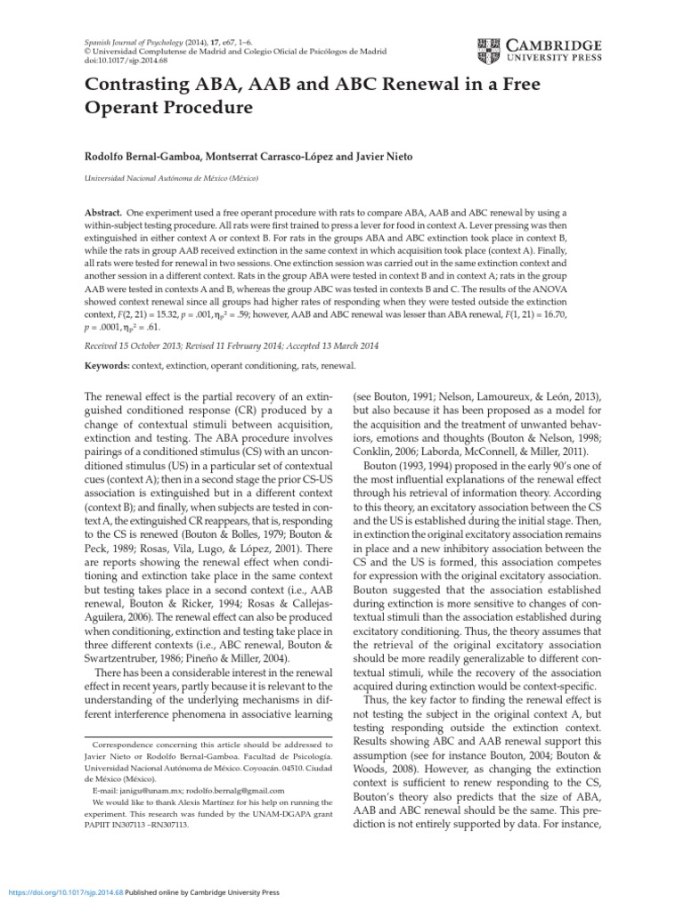 Contrasting Aba Aab and Abc Renewal in A Free Operant Procedure | PDF