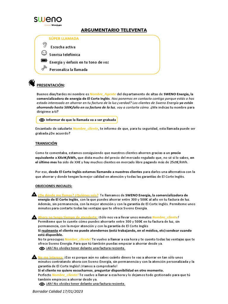 Sweno Energía Argumentario Televenta | PDF | Economias | Business