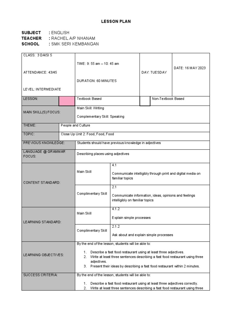 Lesson Plan Form 3 Week 7 (W4) | PDF