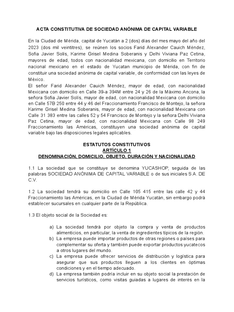 Acta Constitutiva | PDF | Liquidación | Compartir (Finanzas)