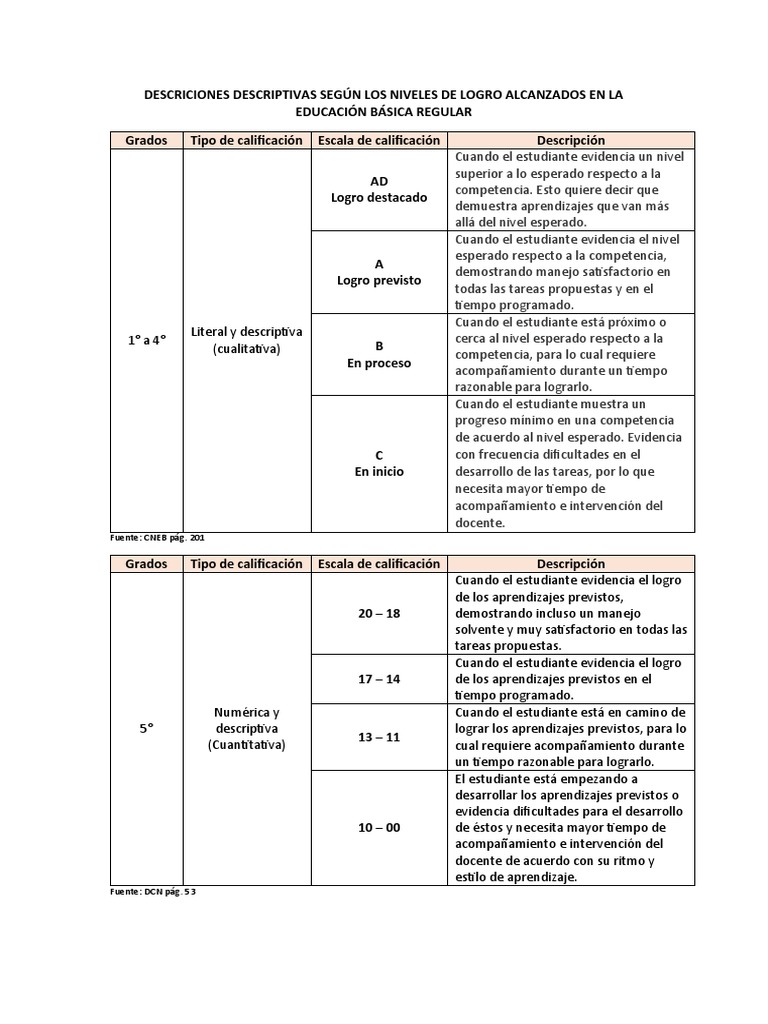 DESCRIPCIONES SEGÚN LOS NIVELES DE LOGRO 1ro A 5to | PDF