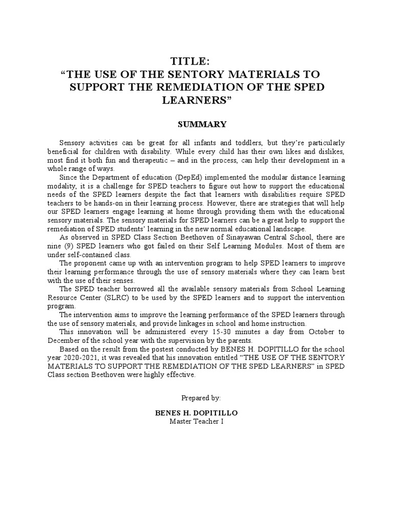 The Use of The Sentory Materials To Support The Remediation of The Sped ...