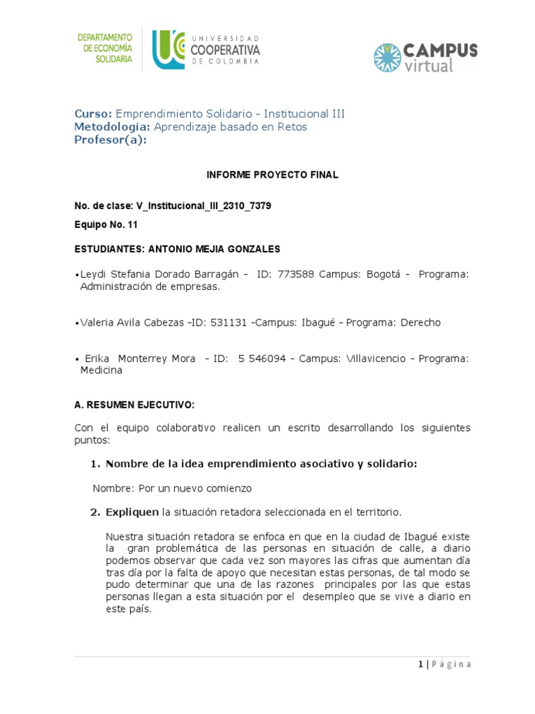 Formato Proyecto Final e | PDF | Iniciativa empresarial | Economias