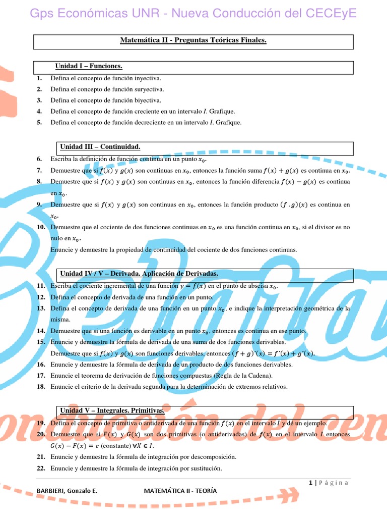 Teoría Matemática 2 - Gonza Barbieri | PDF | Integral | Derivado
